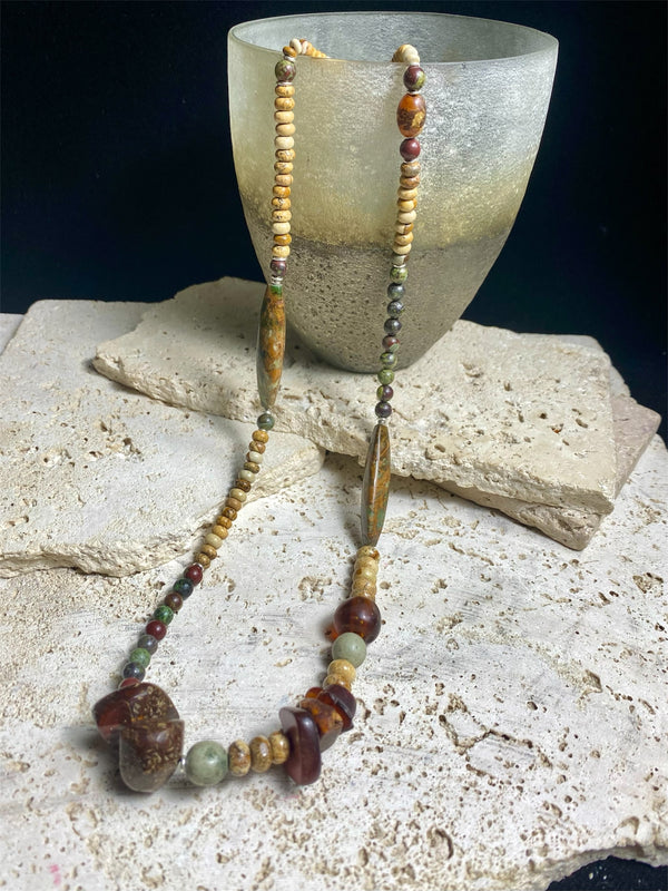 Jasper, Bloodstone And Amber Necklace - Kashgar